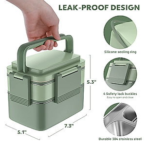 JSCARES Stainless Steel Bento Box Adult Lunch Box, 3 Stackable Bento Lunch Containers, Portable Modern Style Adult Bento Box, Leakproof 51OZ Bento Lunch Box for Kids and Adults (Green)