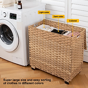 OIAHOMY Laundry Hamper with Lid, 140L Synthetic Rattan Clothes Hamper with Handles, Handwoven Large Laundry Basket with 3 Removable Liner Bags, Foldable, Laundry Room, Bedroom, 27*13*26 Inches, Yellow