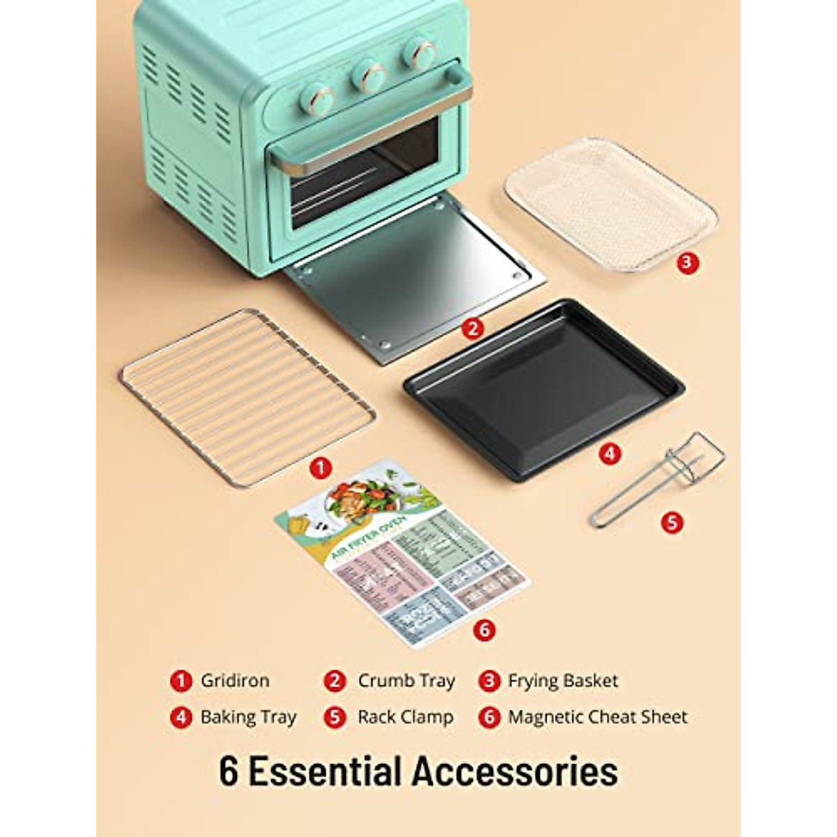 Air Fryer, Paris Rhône 15QT Toaster Oven Countertop, 450℉ Food Dehydrator, Knob-Controlled Freidora de Aire for Easy, Oil Less and Healthy Meals with Nonstick Dishwasher Safe Basket and Trays (Aqua)