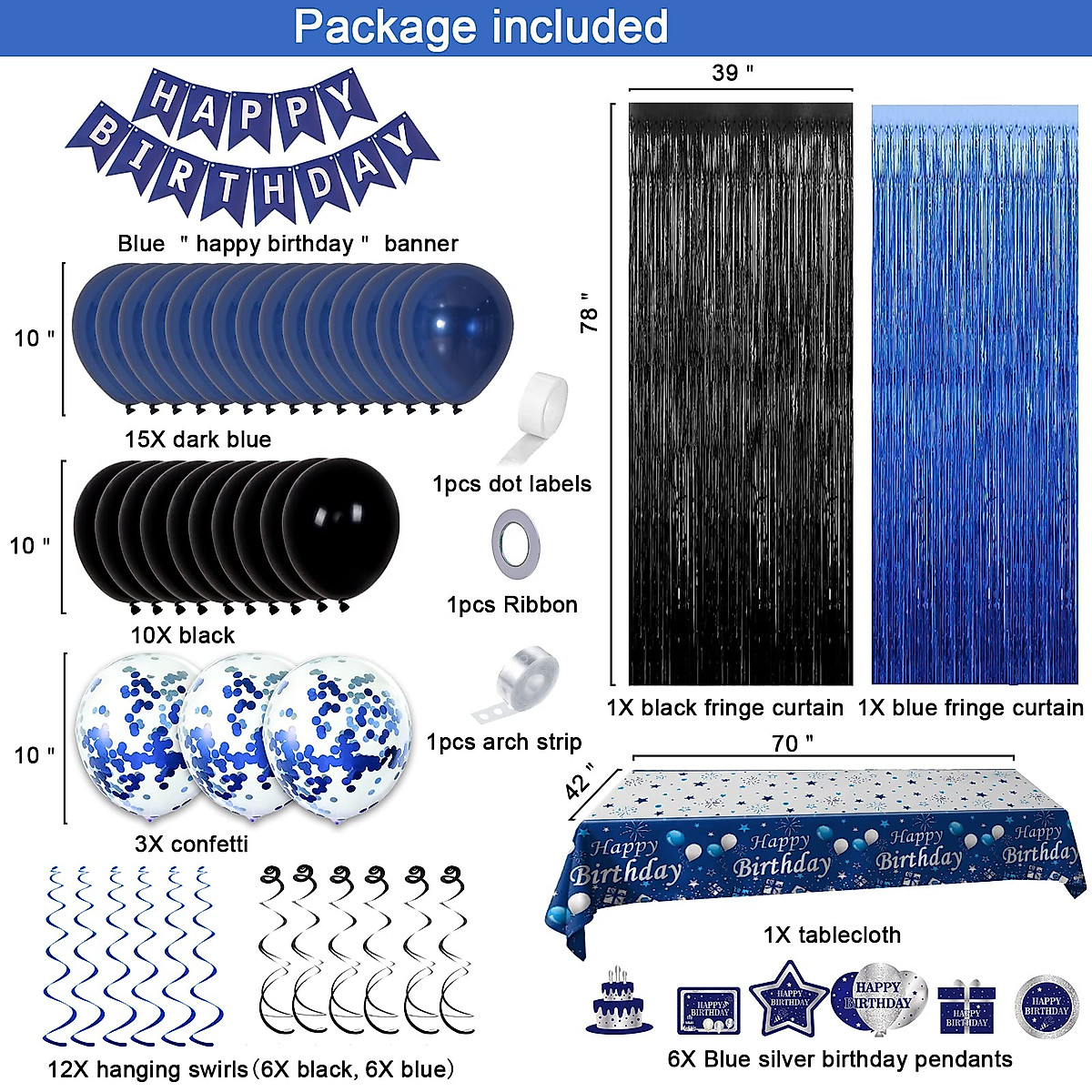 Blue and Black Birthday Decorations for Men Women Boys Girls,Happy Birthday Party Decorations with Happy Birthday Banner, Tablecloth and Fringe Curtains, Party Supplies for Bday Party Decor