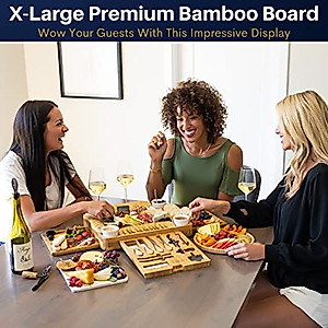 VAREZZA Bamboo Cheese Board and Knife Set. Extra Large Charcuterie Board Set - Serving Board, Side Cheese Tray, Round Marble Fruit Cheese Platter, 23 Entertaining Accessories for House Warming Gifts