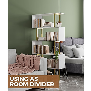 Gadroad 5 Tier Geometric Bookcase,S Shaped Bookshelf, Wood Decorative Storage Shelving, Modern Freestanding Display Shelves, Tall Book Shelf Unit for Living Room Bedroom, Gold