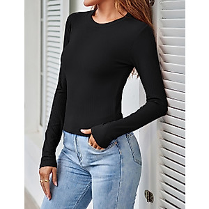 MEROKEETY Women Long Sleeve Slim Fit Crop Shirt Ribbed Knit Tops Casual Round Neck Y2K Tees Black Medium