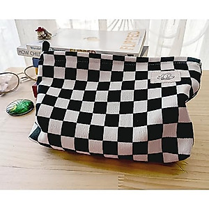 HAPPYHEIDI Women Checkered Corduroy Makeup Bag Cosmetic Pouch Purse Organiser, Canvas Lining, Cute Black White