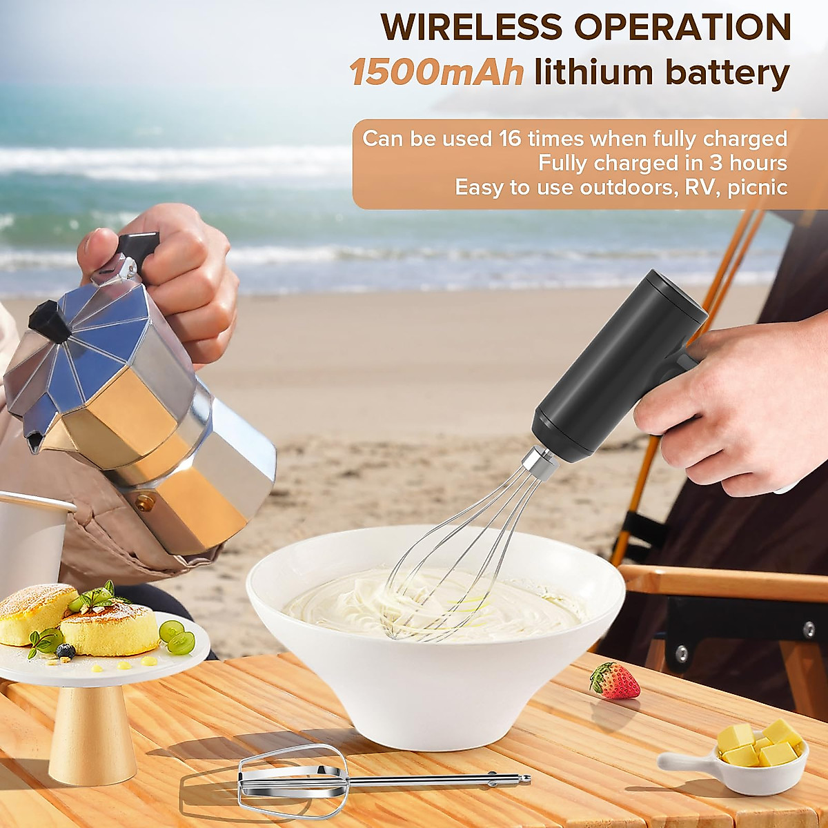 LHBD Cordless Hand Mixer- Electric Whisk USB Rechargeable Handheld Electric Mixing with 3 Speed Self-Control,304 Stainless Steel Egg Beaters & Balloon Whisk for Gifts,Tarts,Pancakes (black)