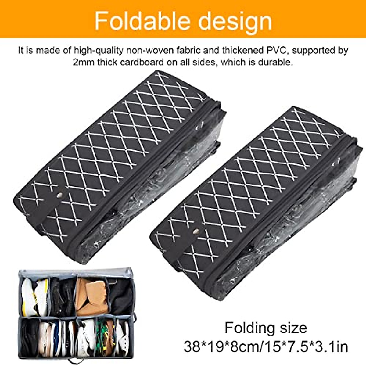 Under Bed Shoe Storage Organizer Fits Large Capacity Shoes Jumbo Slots Underbed Shoe Rack Bin Container Clear Window Lid ,Men Sneakers,Women High Heels,Short Boots Set of 2 Fits 20 Pairs (Black )