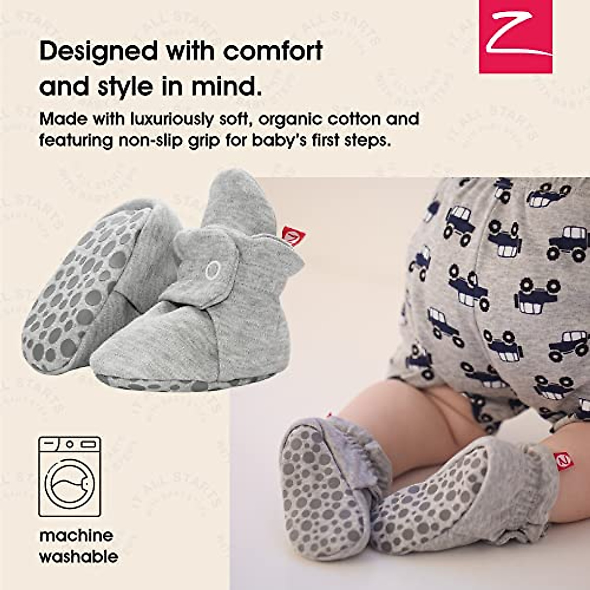 Zutano Unisex Organic Cotton Baby Booties With Gripper Soles, Gray Heather, 3M