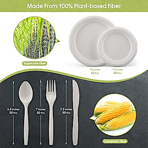 Fuyit 250Pcs Compostable Paper Plates with Cutlery Set, Disposable Biodegradable LONG Utensil Eco-Friendly Dinnerware Includes Plates, Fork, Knife & Spoon for Party, Camping, Picnic (White)
