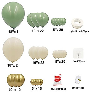 Sage Green Balloon Garland Arch Kit- Double Stuffed Sage Green Balloons Ivory White Metallic Chrome Gold Balloons for Baby Shower Jungle Safari Wild One Birthday Party Decorations