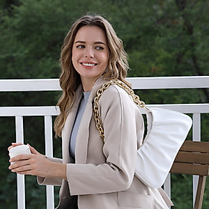 JOLLQUE Shoulder Bag for Women,Small Leather Dumpling Bags Handbag Purse,Gold Chain Evening Clutch Purses with Heavy Aluminum Metal Chain(White)