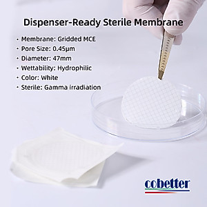 COBETTER 100 Pack MCE Gridded Membrane Filter Sterile 47 mm Diameter and 0.45um Pore Size Mixed Cellulose Esters Membrane Disc Filter Individual Pack