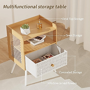 Nightstand, Bedside Table with Metal Drawers, End Table with Open Shelf, 2-Tier Open Adjustable Metal Floral Drawer Night Stand for Sofa Side Table, Bedroom Bedside Table, Maple White