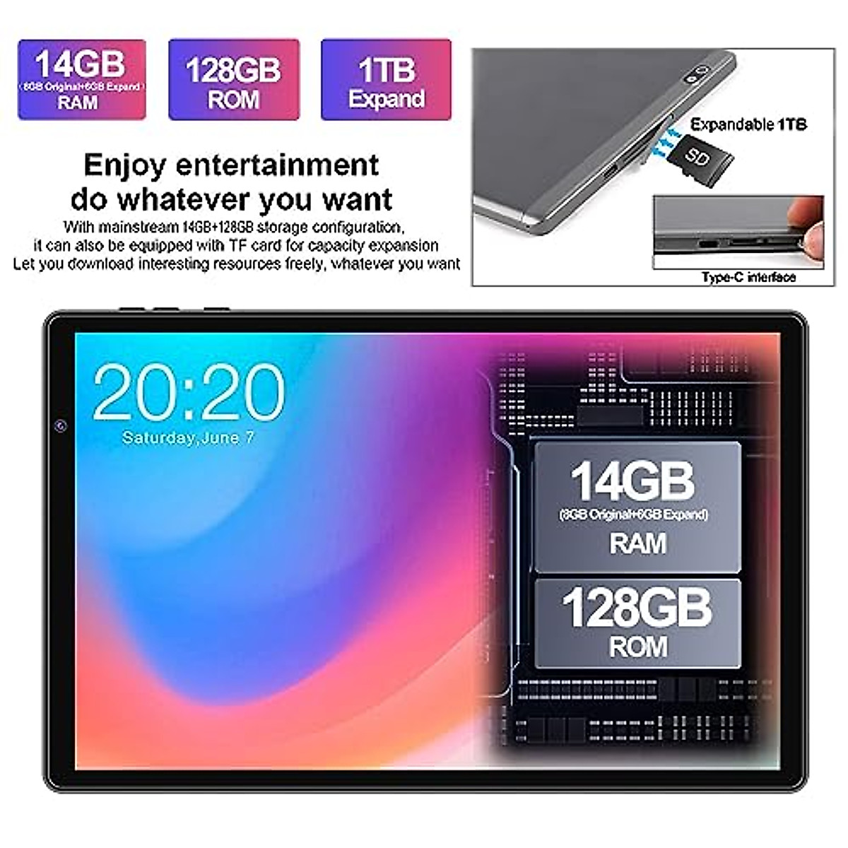 Tablet 10 inch Android 13 Tablets with 14GB RAM 128GB ROM, Octa-Core 2.0 GHz, 8000mAh Battery, 5G WiFi, Bluetooth 5.0, HD IPS Touchscreen, 5+8MP Camera Tablet with Keyboard Mouse Case, Gifts Grey