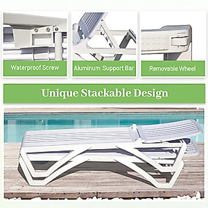 Domi Pool Lounge Chair, Patio Chaise Lounge with 5 Position Adjustable Backrest and Wheels, All Weather Plastic Outdoor Lounge Chairs for Deck Lawn Backyard, White