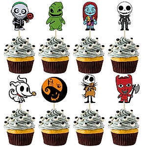 Gyufise 40Pcs Skellington Halloween Cupcake Toppers Glitter Skull Ghost Cupcake Picks for Nightmare Before Christmas Theme Wedding Anniversary Birthday Party Cake Decorations Supplies