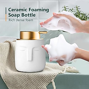 Tmore Foaming Soap Dispenser Ceramic 11.8oz Unique Face-Shaped Hand Dish Foam Soap Bottle Refillable Matte Countertop Lotion Dispenser for Bathroom Kitchen Decro (Foaming White)