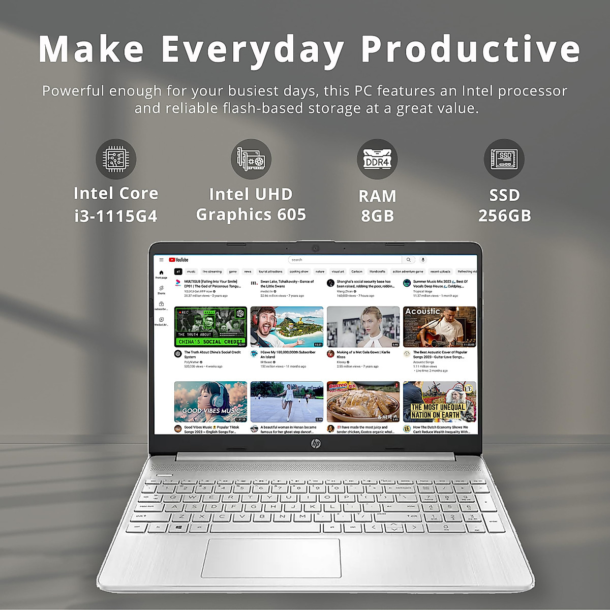 HP 2022 15.6" HD BrightView Laptop, Intel Pentium Silver N5030 Processor, 8GB RAM, 256GB PCIe SSD, Intel HD Graphics 605, 720p HD Webcam, Stereo Speakers, Silver, Windows 11, 32GB USB Card