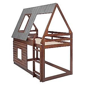 Merax Twin Over Twin Bunk Bed Wood Frame with Roof, Ladder and 2 Windows for Kids Teens Girls Boys，Oak & Smoky Grey