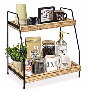 Countertop Coffee Station Organizer, Wood Coffee Bar Accessories Organizer for Coffee Bar Decor, Coffee K Cup Pods Holder Condiment Organizer, 2 Tier Countertop Organizer Shelf for Bathroom Kitchen