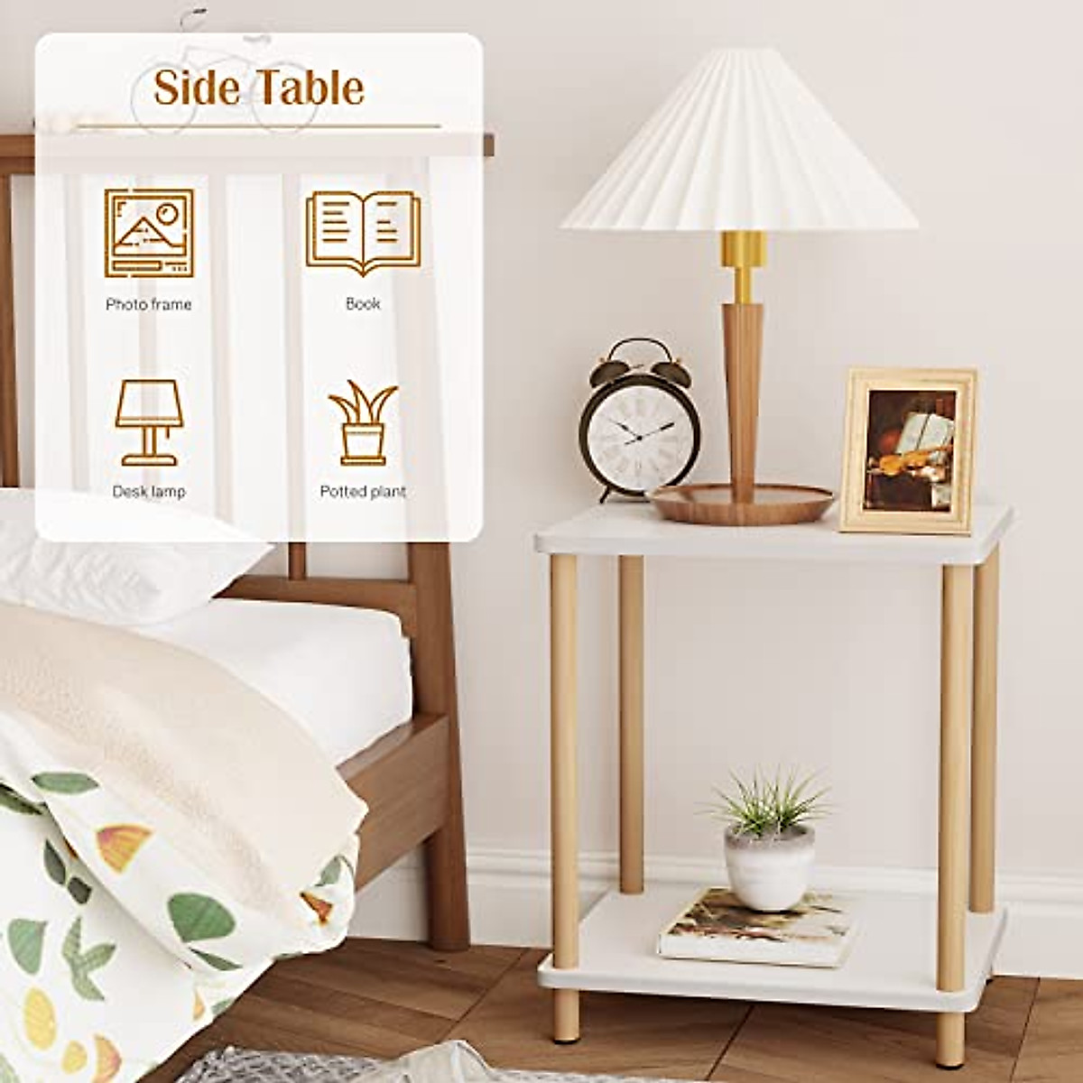 Fixwal Rack Wooden Nightstand Side Table 2-Tier Tall End Table with Storage White Bedside Table for Living Room Bedroom Office No-Tool Assembly