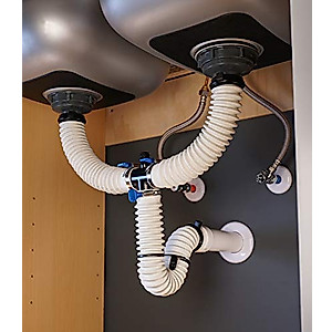 OHIO SUPPLY Double Basin Simple Drain-Flexible Rubber Trap and Connectors For 2-Bowl Standard or Disposal Sink Drains, White