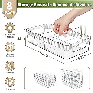 8 Pack Food Storage Organizer Bins, Clear Pantry Organization and Storage Bins with Removable Dividers, Plastic Pantry Organizer Refrigerator Organizer Bins for Kitchen, Cabinet, Snacks, Teabags