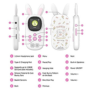 16GB Music MP3 Player for Kids, Cute Bunny Kids Music MP3 Player with Bluetooth, MP3 & MP4 Players with Speaker, MP3 Player with FM Radio, Recordings, Alarm, Pedometer, Stopwatch, Support up to 128GB.
