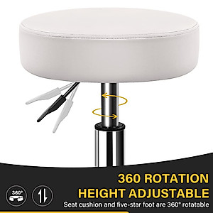 WKWKER Heavy Duty Rolling Stool with Wheels Hydraulic Swivel Adjustable Rolling Stool Ergonomic Thick Leather Seat Stool Chair for Kitchen Drafting Lab Office Salon Message Stool – White