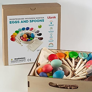 Ulanik Eggs and Spoons Toddler Montessori Toys for 1 Year Old + Kids Wooden Eggs Baby Matching Game for Learning Color Sorting and Counting — 12 pcs, 1.8 in