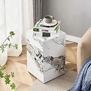 HESIEU Accent Table Side Table with Faux Marble Pattern Modern White Coffee Table Cube Stylish Accent Center Table Cocktail Table Marble Nightstand for Living Room Bedroom Office Dining Room