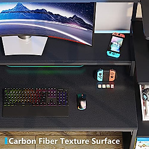 Tribesigns 70 -inch Rustic Computer Desk with Hutch and Shelf, Modern Large Gaming Desk with Monitor Stand, Gamer Table Workstation for Home Office,Carbon Fiber Desktop (Black)