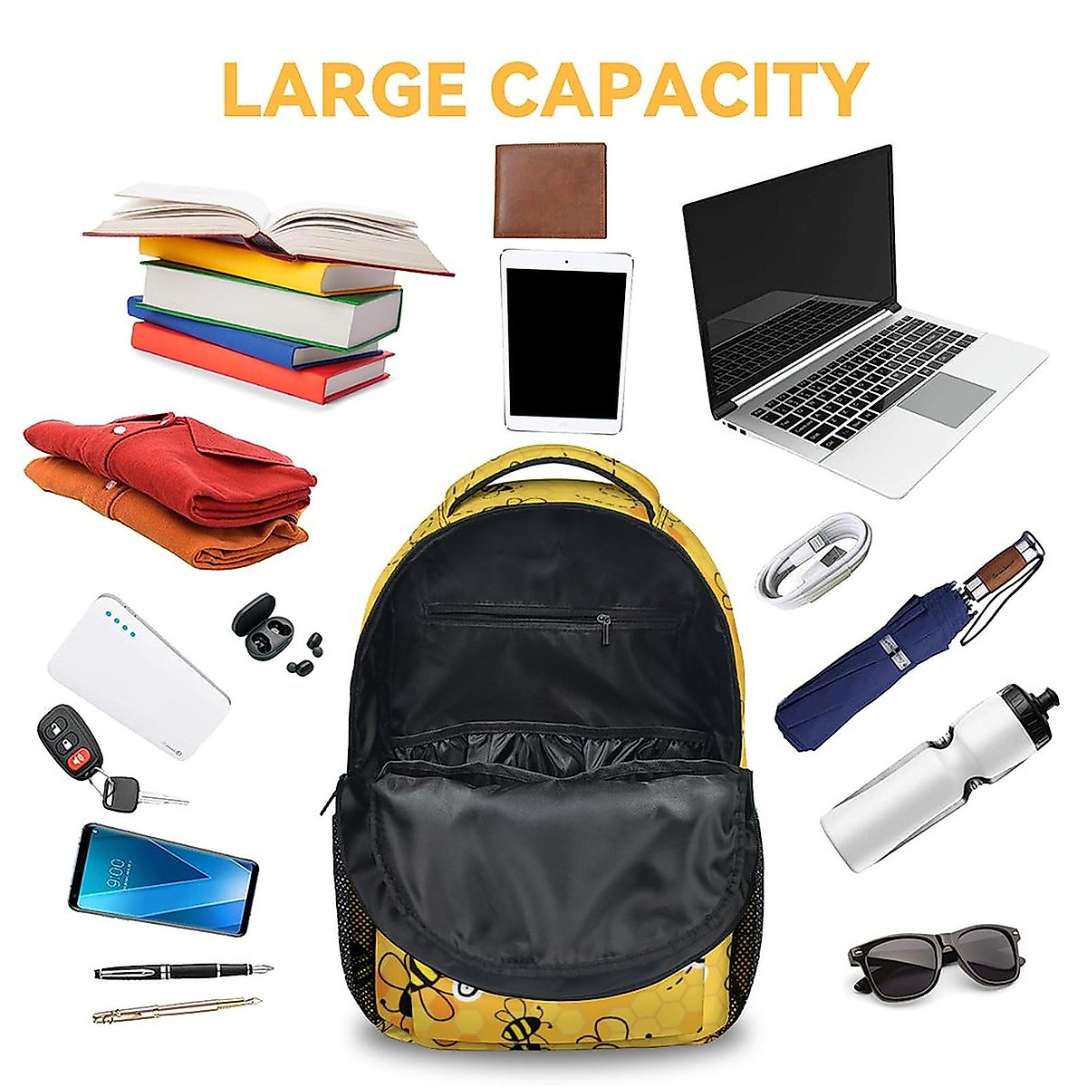 CUSPCOD Personalized Bee Backpack for Girls Boys, 16 Inch Yellow Backpacks for School, Cute, Adjustable Straps, Durable, Lightweight, Large Capacity Bookbag for Kids