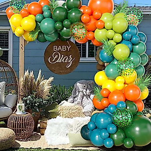GRESATEK Jungle Themed Balloon Garland Arch Kit, Sage Green Orange Yellow Olive Balloons Decorations for Boys Girls Birthday Baby Shower Safari Dinosaur Party Decor Supplies (BLSTR100)