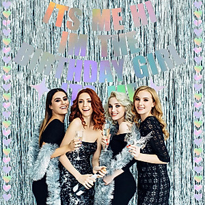IT'S ME HI IM THE BIRTHDAY GIRL ITS ME Taylor Birthday Banner, Pre-Strung Iridescent Holographic Birthday Banner Sign with 2pcs Hanging Heart Shaped Streamers for Women Girl Party Gift Decoration