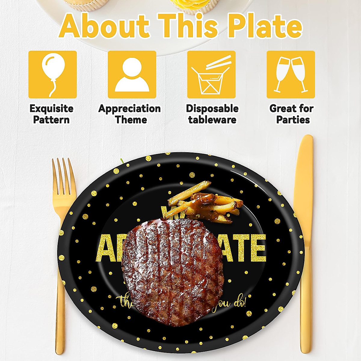 50 Pcs We Appreciate You Party Plates Thank You Paper Plate, Large 11 Inch Black and Gold Appreciation Week Dessert Tableware for Employee Volunteer Teacher Doctor Staff Thank You Party Decorations