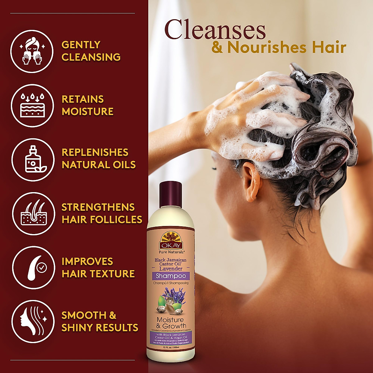 OKAY | Black Jamaican Castor Oil & Lavender Shampoo | For All Hair Types & Textures | Moisturize, Strengthen & Regrow Hair | With Argan Oil | Free of Paraben, Silicone, Sulfate | 12 oz