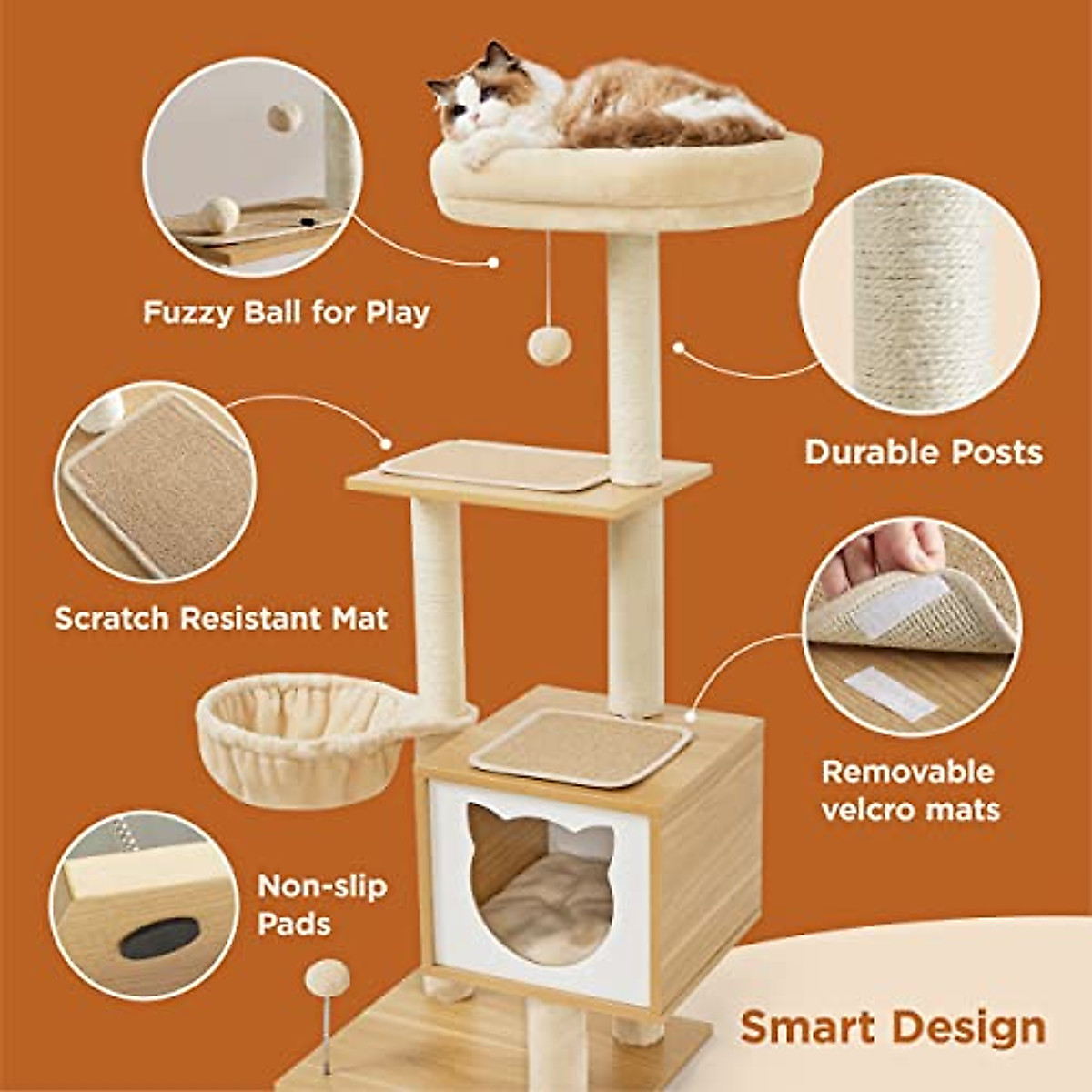 Lesure Modern Cat Tree for Large Cats - Tall Cat Climbing Tower for Indoor Cats with Wood Cat Condo, Hammock and Scratching Post, 50 Inches, Beige