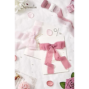 Serwalin Fringe Pink Chiffon Ribbon Silk Ribbon Set for Gift Wrapping 1.5" 6 Yd Fringe Frayed Edges Boho Wedding Ribbon Set for Bouquets Wrap,Wedding Invitations, Gifts Wrapping, Blush Pink