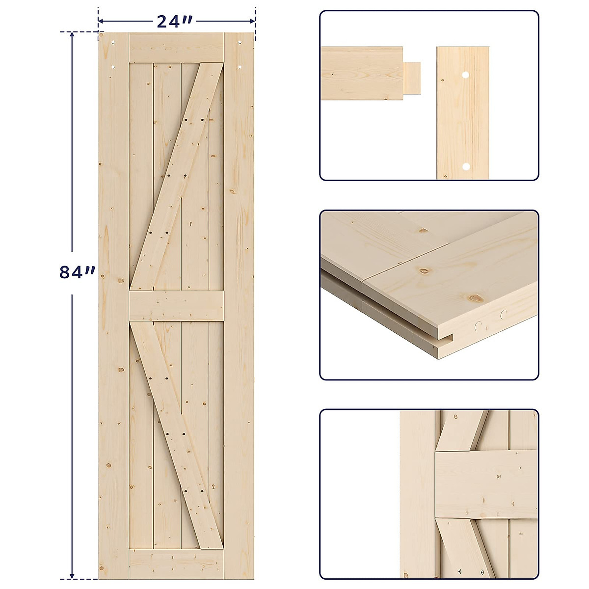 SMARTSTANDARD 24in x 84in Double Barn Door with 8ft Sliding Barn Door Hardware Kit & Handle, Pre-Drilled Ready to Assemble, DIY Unfinished Solid Spruce Wood Panelled Slab, K-Frame