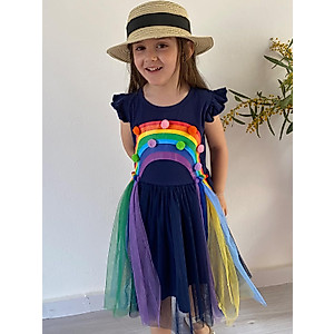 4T Girls Dresses 5T Rainbow Dress Navy Blue Dresses for Girls Flutter Sleeve Holiday Dress Size 5