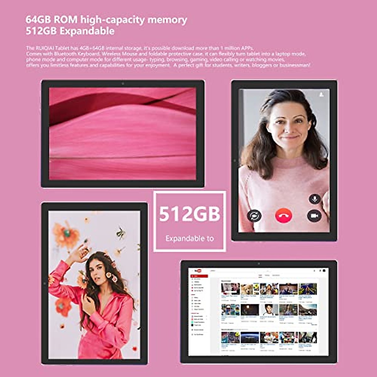 2 in 1 Tablet 10 Inch, Android 11.0 Tablet with Keyboard Case, 4GB+64GB ROM/512GB Computer Tablets, Quad Core, HD Touch Screen, Dual Carema, Games, Wi-Fi，BT, Google GMS Certified Tablet PC (Pink)