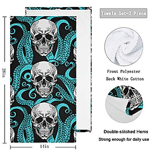 Naanle Stylish Skull Turquoise Octopus Tentacles Soft 2 Piece Fluffy Guest Hand Towels, Multipurpose Decor for Bathroom, Hotel, Gym and Spa (14" x 28")