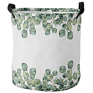 Tropical plants Large Laundry Hamper Collapsible with Handles, Waterproof Dirty Clothes Hamper Baby Nursery for Kids Room Dorm Storage, Watercolor Eucalyptus Leaves
