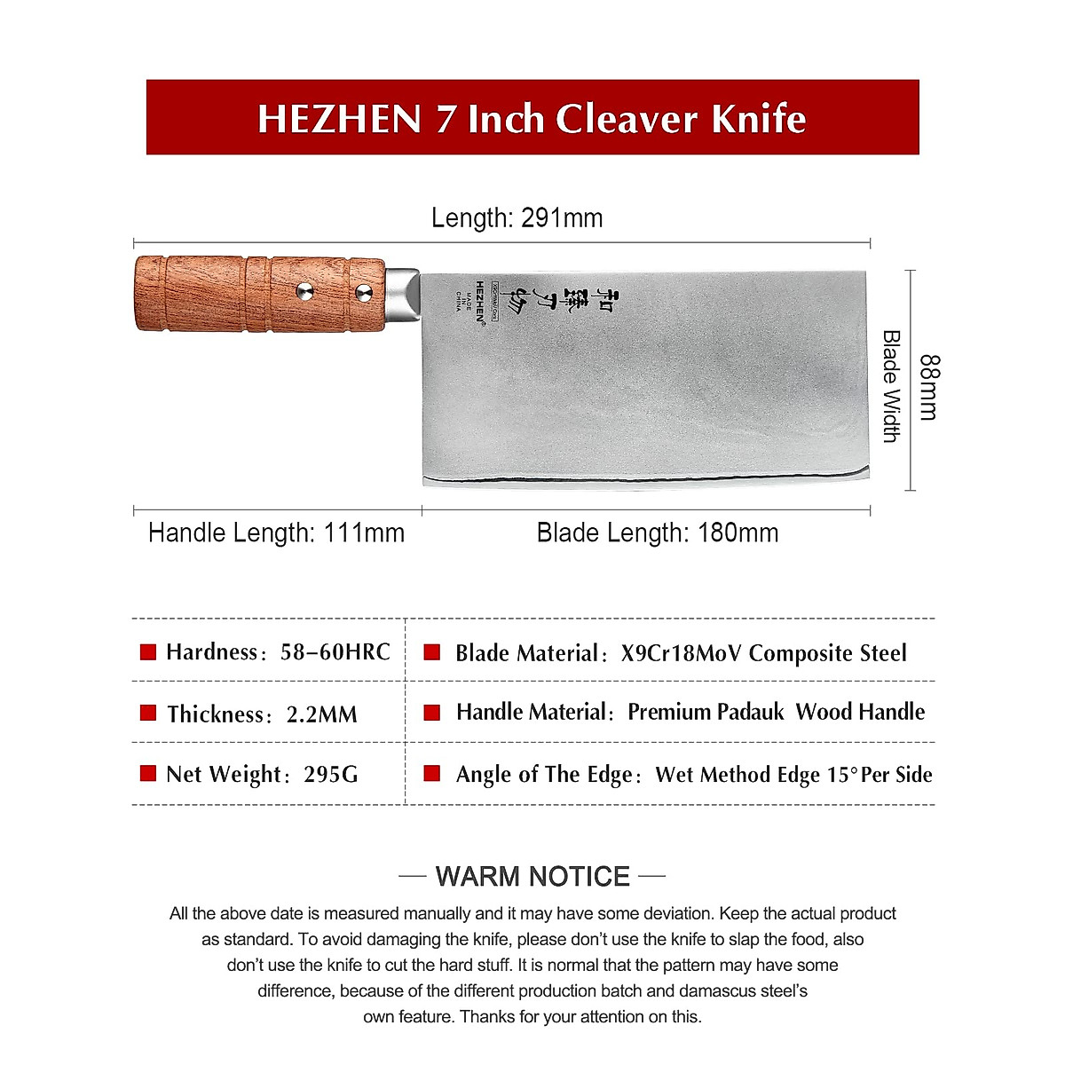 HEZHEN 7" Cleaver Knife, Composite Steel Chinese Kitchen Chef Knife, Clad Steel Butcher Knife, Padauk Wood Handle