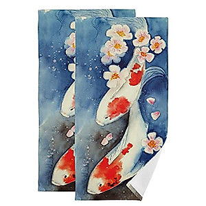 Lhammer Spring Koi Fish Bathroom Hand Towels Japanese Watercolor Kitchen Dish Towel Fingertip Guest Towel Washcloths for Hotel Spa Home Holiday Decoration Sports Gym Yoga Shower Soft Absorbent