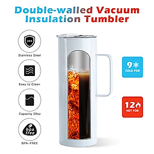 AGH Sublimation Tumblers with Handle 20oz Sublimation Blanks 4 Pack Skinny Straight Stainless Steel Vacuum Insulated Tumblers with Lids and Straws Keep Cold 24 Hours (White)