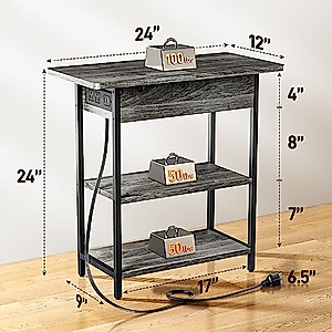 HOUIT End Table with Charging Station, Narrow Flip Top Side Table with USB Ports and Outlets, Nightstand with Storage for Small Spaces, Bedside Tables for Living Room, Bedroom - Gray