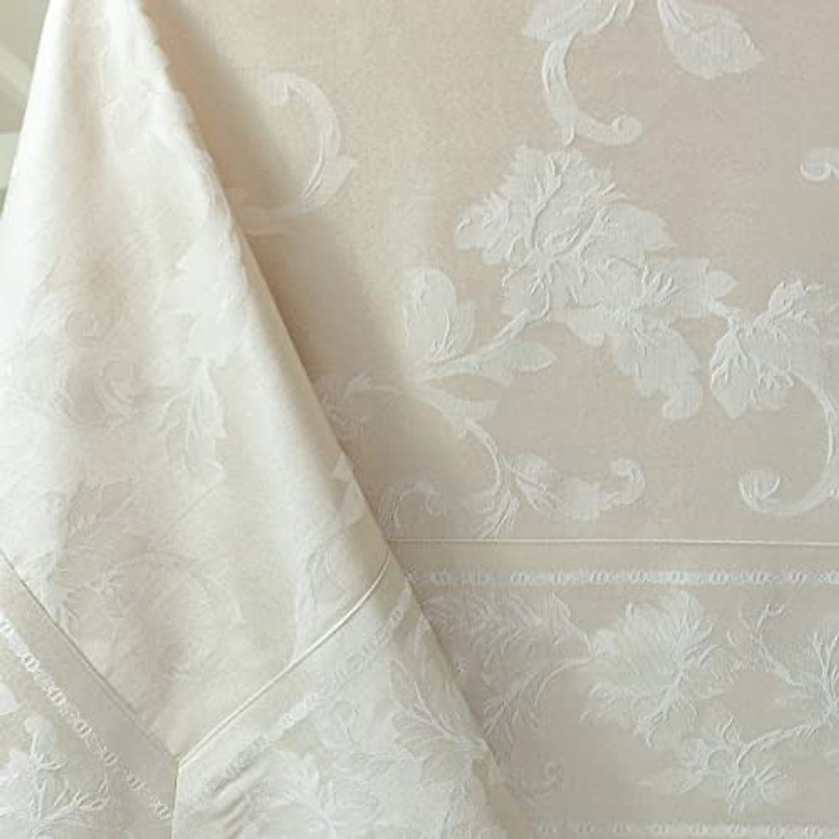 Benson Mills Harmony Scroll Woven Damask Fabric Tablecloth, Everyday, Parties, Special Occasions, Weddings and Holiday Table Cloth (60" X 120" Rectangular, Birch)