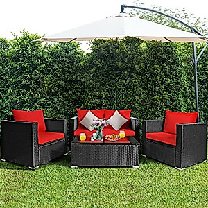 LUKEO 4PCS Patio Rattan Furniture Set Cushioned Sofa Chair Coffee Table Garden Red Single Sofa