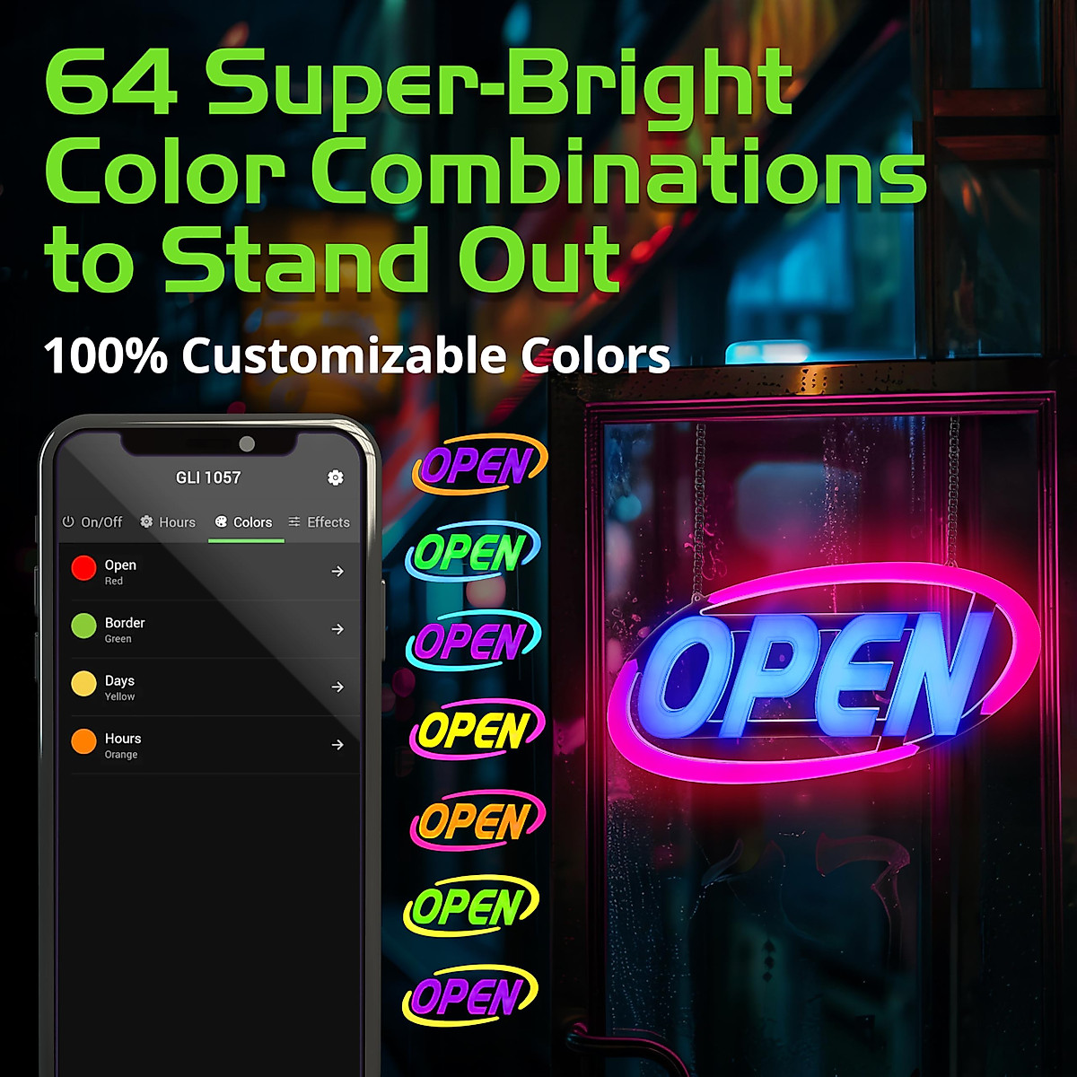 GLI Led Open Sign for Business – Stand Out with 64 Super-Bright Color Combos to Match Your Brand, Programmable App – Neon Flash, or Scroll – 15 x 32 inch